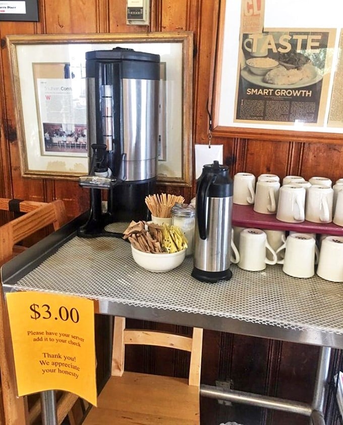 The self-serve coffee station—where $3 buys you liquid fuel for the food adventure ahead, served with a side of honesty policy.