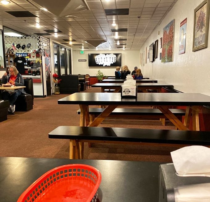The dining area's picnic-style tables invite communal eating. Barbecue has always been about bringing people together.