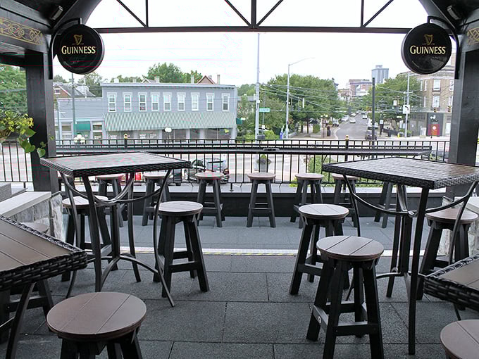The outdoor patio offers Guinness-framed views of Dayton's historic Oregon District – perfect for people-watching while enjoying a pint on pleasant Ohio evenings.