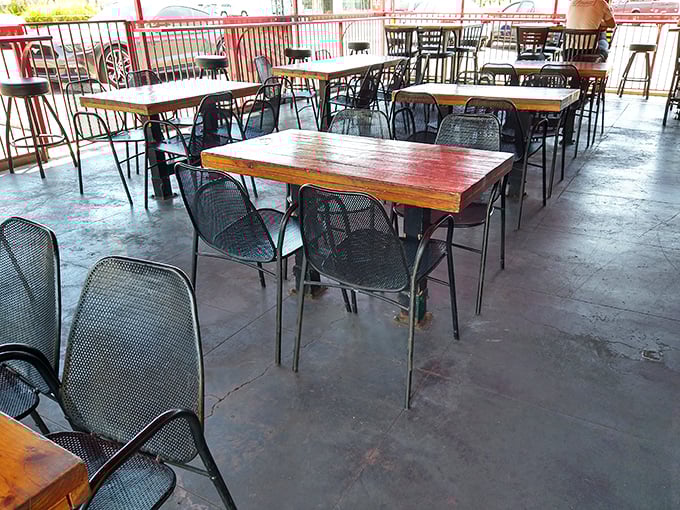 The outdoor patio offers a no-frills dining experience where the focus remains squarely where it should be—on the food in front of you.