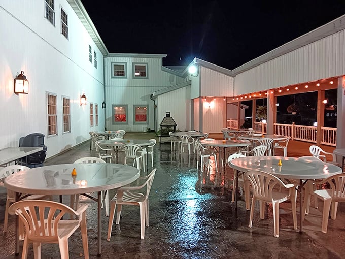 Evening dining on the patio—where string lights transform simple tables into the most romantic spot in Montgomery after sunset.