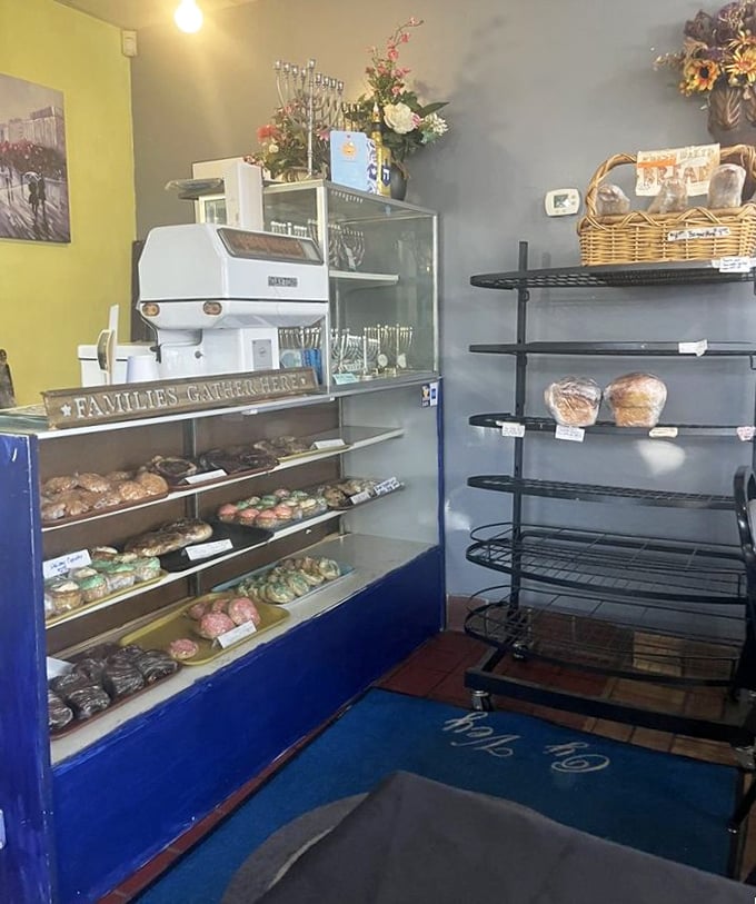 The bakery case—where willpower goes to die. Each colorful treat behind glass is a sweet ambassador of Jewish baking tradition.