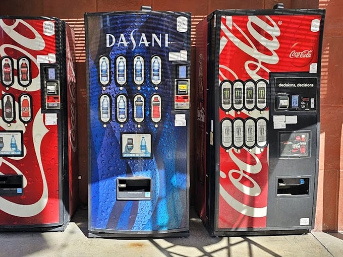 Hydration station Vegas-style. These vending machines remind you that bargain hunting in the desert requires strategic liquid refreshment.