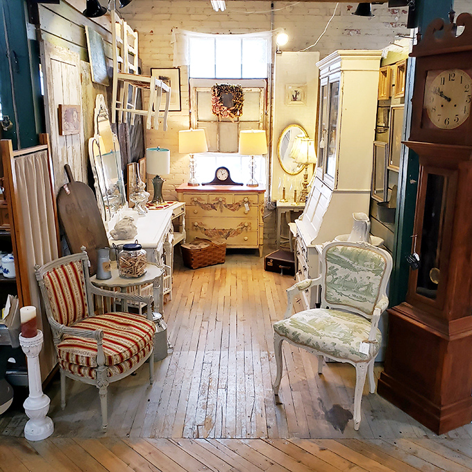 Shabby chic perfection in this vignette of vintage furniture. Not just a room setting – it's a ready-made backdrop for your next period drama.