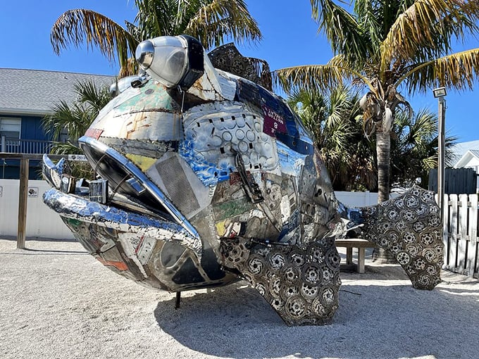 This metal grouper sculpture proves that even the restaurant's art has personality—a perfect mascot for a place that doesn't take itself too seriously.