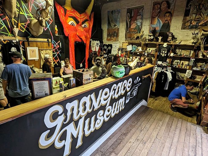 The museum's gift shop offers visitors a chance to take home a piece of the strange experience. That devil head watches your purchasing decisions.