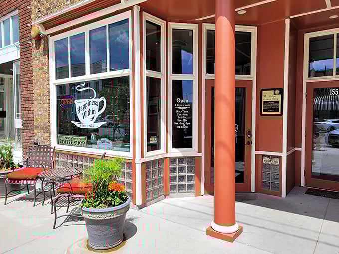 "Happiness Within" isn't just clever coffee shop branding—it's a promise delivered in every cup, especially when enjoyed at that inviting sidewalk table.