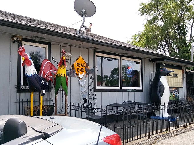 Whimsy rules at this eclectic restaurant where metal roosters and penguins stand guard, proving that Tipp City embraces personalities as colorful as its storefronts.