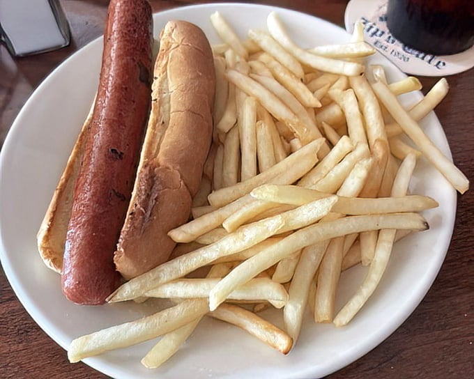 Sometimes the classics speak loudest – a perfectly grilled hot dog nestled in a soft bun alongside crispy fries is Cincinnati comfort defined.