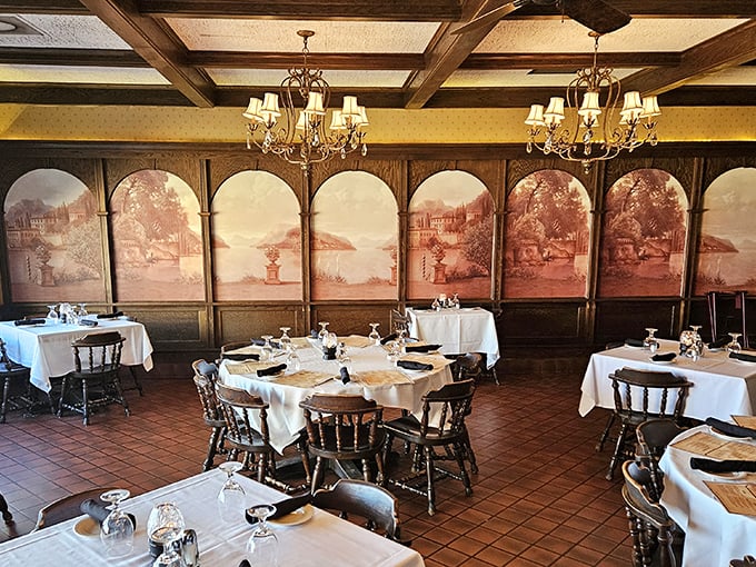 Dining room murals and elegant chandeliers create an atmosphere that whispers "special occasion" even when you're just celebrating making it to Wednesday.