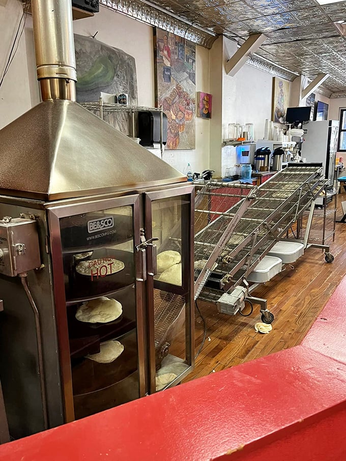 Behind the scenes: the tortilla station and oven where flour transforms into those pillowy discs of perfection that New Mexico does so well.