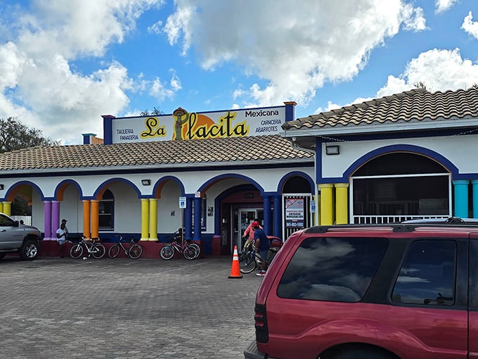 La Placita Mexicana's colorful columns and vibrant façade bring a splash of international flair to Arcadia's culinary landscape.