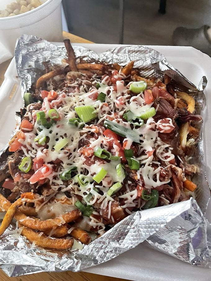 Loaded fries that blur the line between side dish and main event. The kind of shareable that nobody actually wants to share.