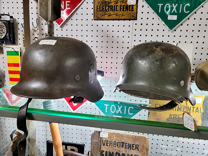 History preserved under glass – these WWII-era helmets sit silently on display, artifacts from a global conflict now treasured by military collectors.