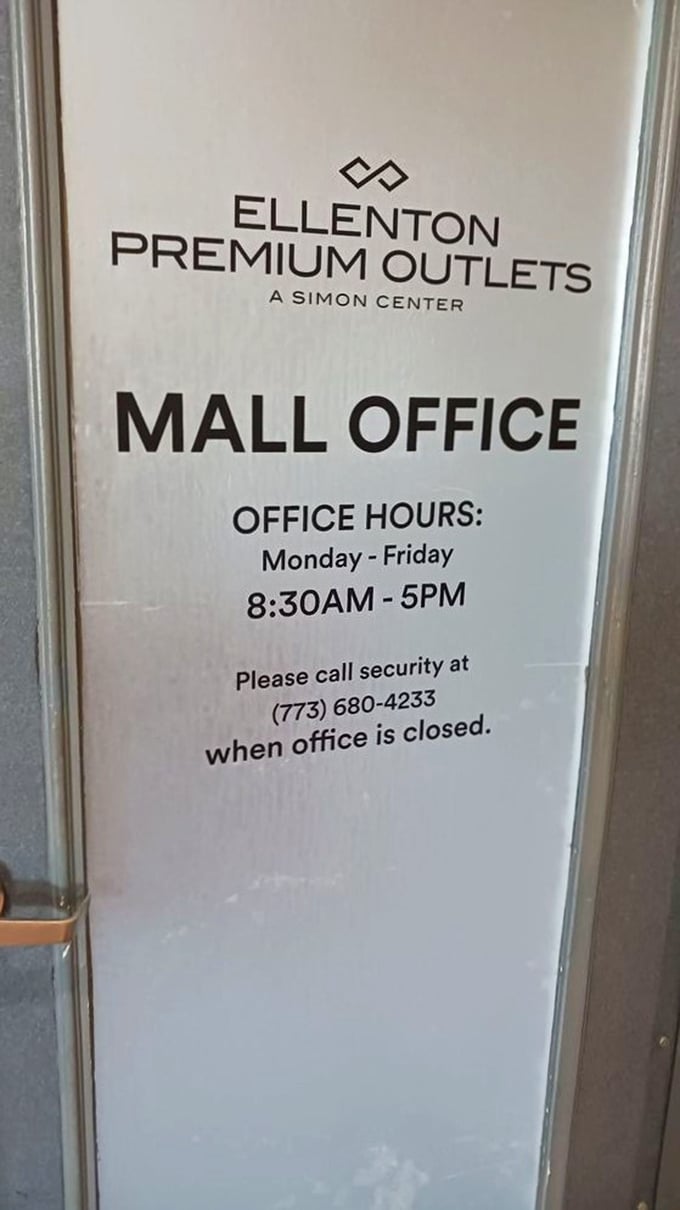 The mall office sign—retail's mission control. Where lost children, forgotten credit cards, and shopping emergencies find swift resolution.