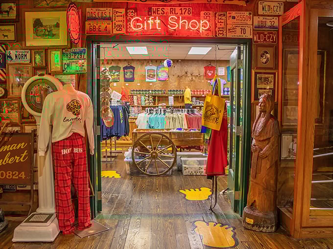 The gift shop ensures your Lambert's experience doesn't end when you leave—take home pajama pants and you can dream of throwed rolls.