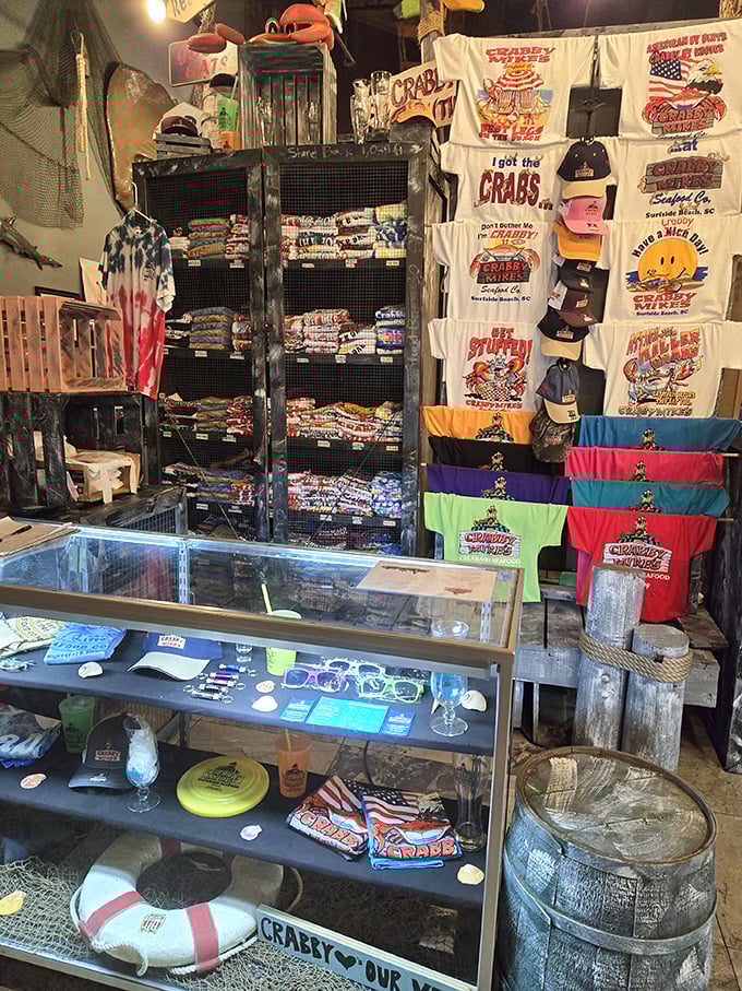 Merchandise corner: where you can take home a souvenir of your seafood conquest. Because nothing says "I survived the buffet" like a t-shirt.
