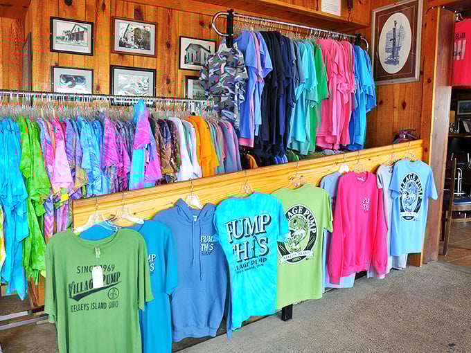 The merch wall offers colorful souvenirs that say, "Yes, I made the journey to Kelleys Island, and all I got was this awesome t-shirt."