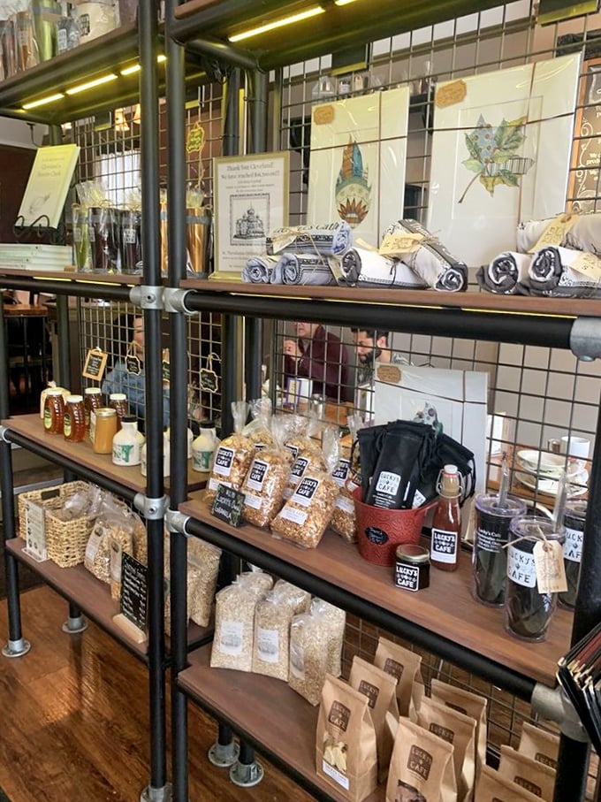 The retail corner where you can take a piece of Lucky's home. Those granola bags are like edible souvenirs from your taste adventure.