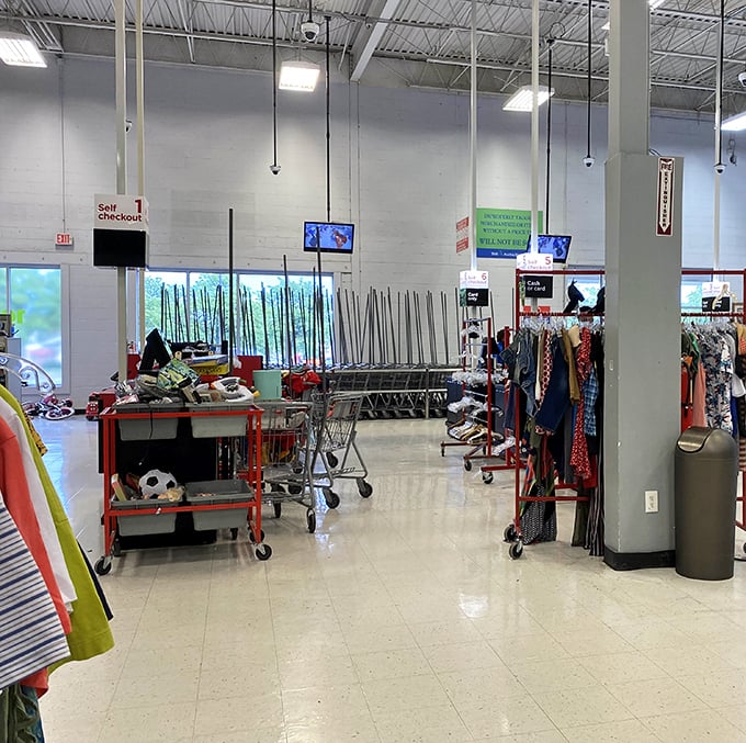 The checkout area buzzes with activity as shoppers prepare to exit with carts full of newfound treasures and wallets still surprisingly intact.