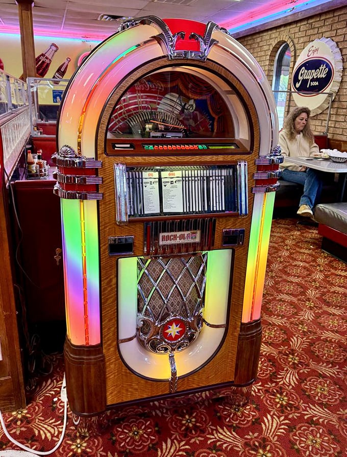 This vintage jukebox doesn't just play songs—it's a time machine that provides the soundtrack to your pancake experience.