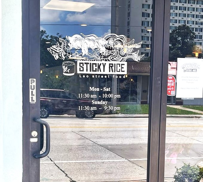 The door promises reasonable hours for your Laotian food fix – because cravings for coconut curry ramen wait for no one.