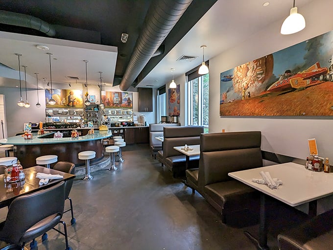 Modern industrial meets cozy comfort. The art on the walls is almost as colorful as the food presentations.