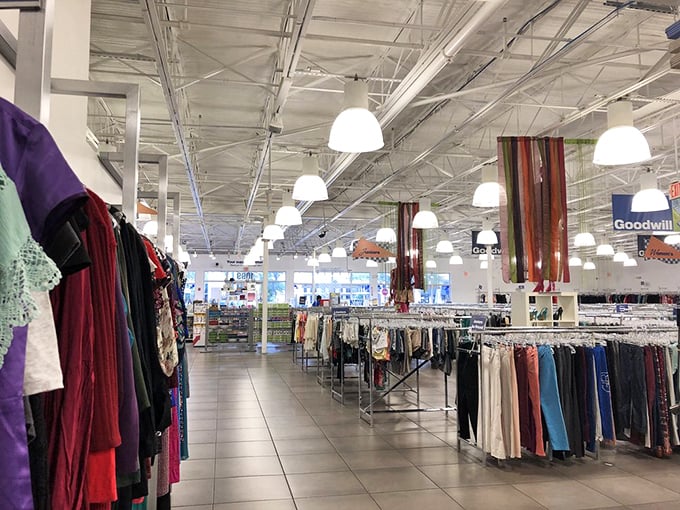The store's cathedral-like ceiling and bright lighting transform what could be chaotic into an organized treasure hunt for the savvy shopper.