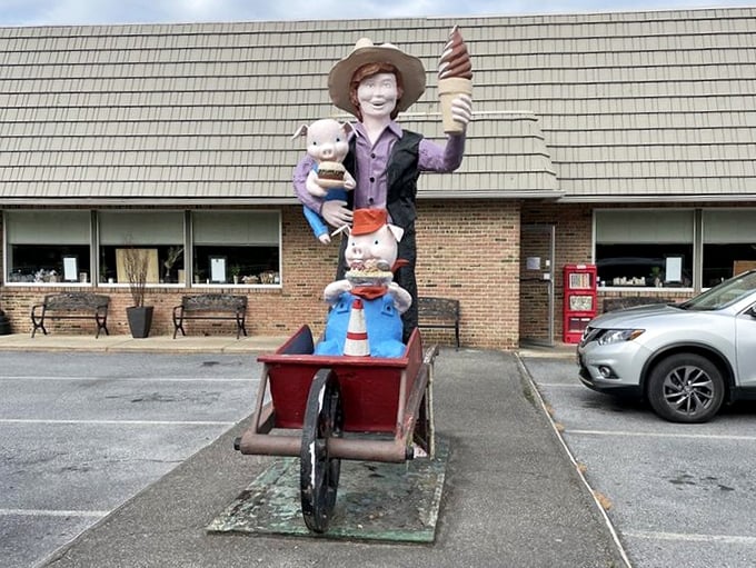 This whimsical statue stands guard outside, a folksy sentinel promising good things to those who enter with an appetite.