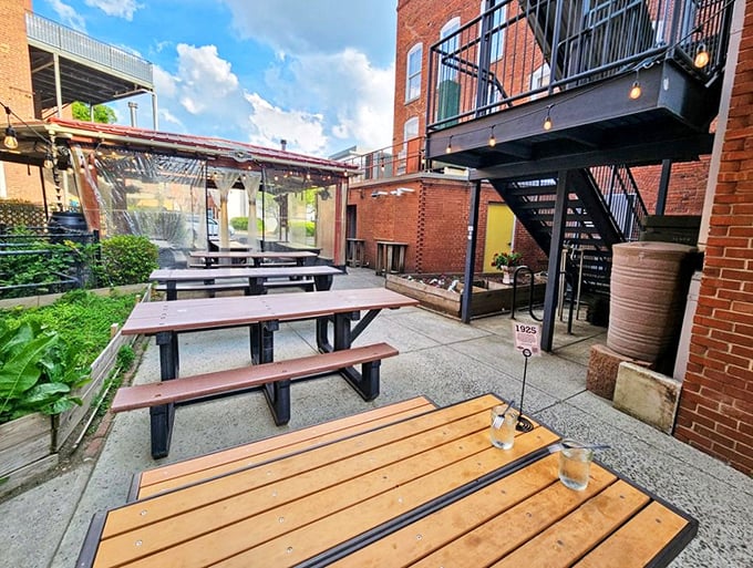 The outdoor patio offers a breath of fresh air and urban charm—the perfect setting for savoring a burger and watching Durham life unfold.