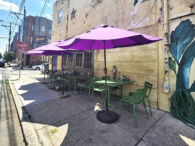 Purple umbrellas and green chairs create an urban oasis. Sidewalk dining that makes you forget you're feet from Philadelphia traffic.