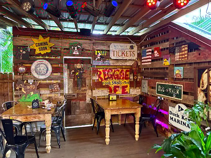 Every inch of wall space tells a story—from vintage signs to whimsical art—creating a museum of Americana where the exhibits taste delicious.