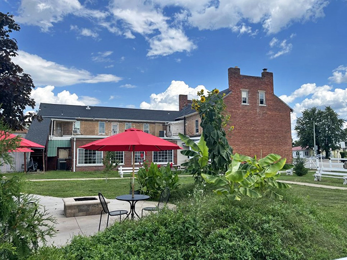 The outdoor seating area offers a breath of fresh air and a different perspective on this historic building – plus, everything tastes better under a red umbrella.