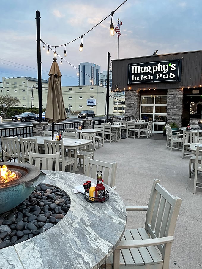 The outdoor patio offers string lights, fire pits, and fresh air—the perfect setting for enjoying Irish hospitality under the Virginia Beach sky.