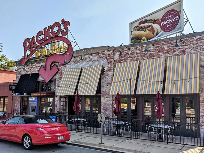 The brick exterior of another Tony Packo's location proves that good taste can expand without losing its soul—or its signature striped awnings.