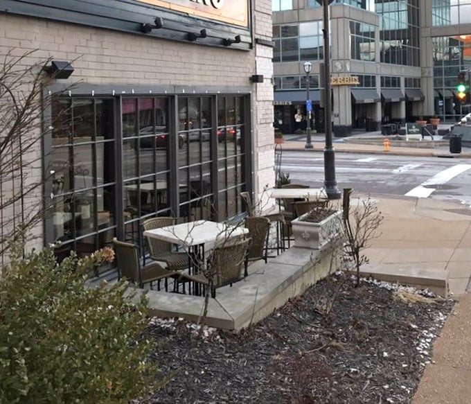 Even in winter, Oceano's outdoor seating area stands ready for warmer days, promising al fresco dining with urban Clayton as your backdrop.