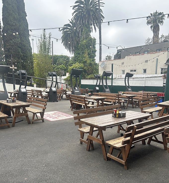 The outdoor seating area offers a modern twist on the classic experience – same legendary food but with a side of California sunshine.