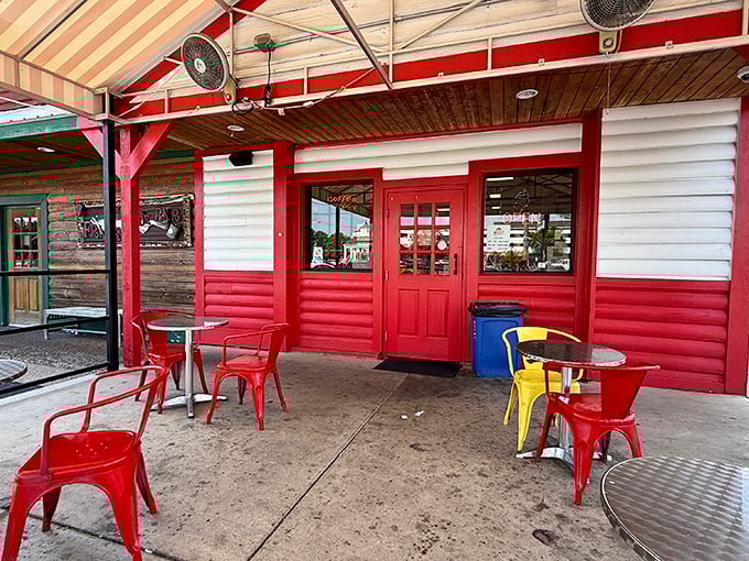 The patio by day—where ice cream socials happen naturally and strangers become friends over shared brain freezes.