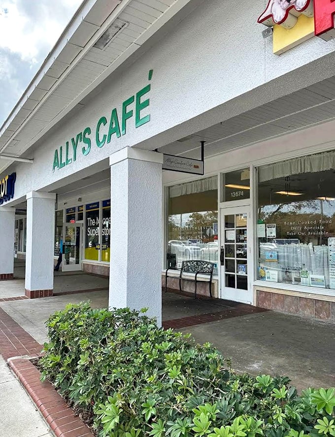 The exterior view reveals Ally's true Florida character – where palm fronds and breakfast specials coexist in a paradise for the genuinely hungry.