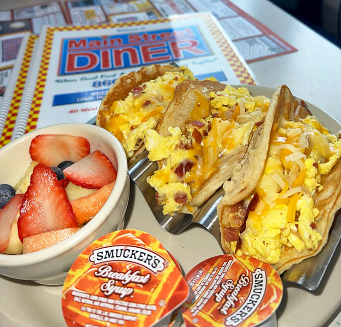 Breakfast tacos that make you wonder why we ever limited ourselves to cereal—eggs and cheese nestled in tortilla hammocks.