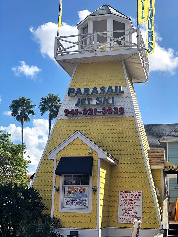 This cheerful yellow lighthouse isn't just adorable—it's your gateway to adventure. Parasailing and jet skiing await those ready to experience Siesta Key from new heights.