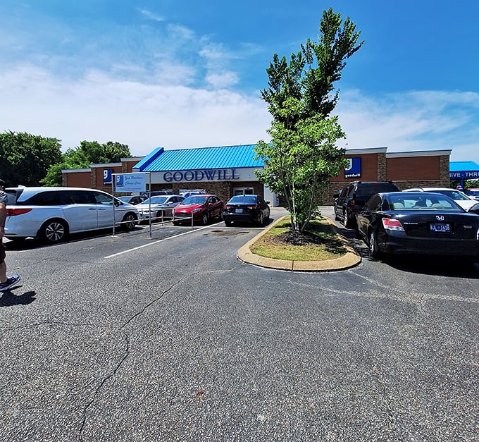 Parking lot packed with possibility—each car represents someone hunting for that perfect something they didn't know they needed until today.