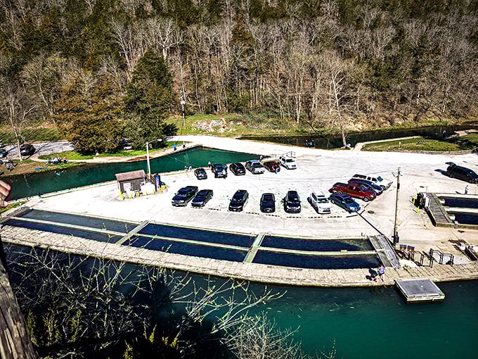 Where blue meets concrete – the park's hatchery pools and parking area offer a bird's-eye reminder that even paradise needs infrastructure.
