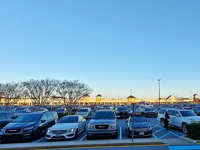 The packed parking lot at golden hour—visual evidence that tax-free shopping is Delaware's unofficial state sport.