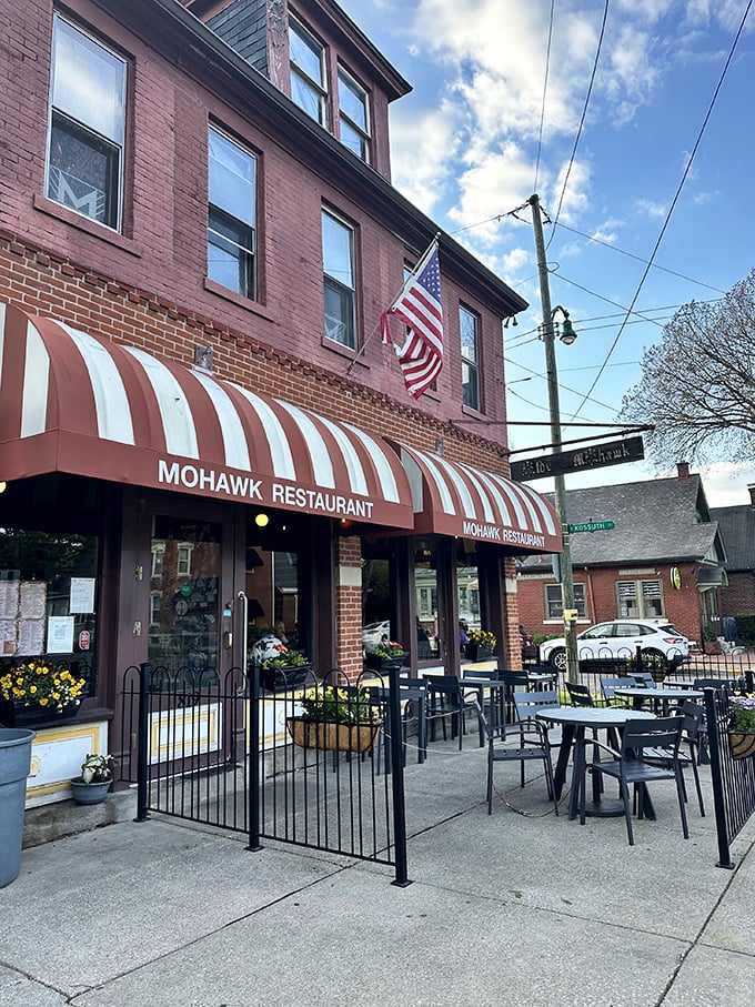 Spring flowers frame the entrance to this German Village institution, where outdoor tables await the season's first al fresco diners.