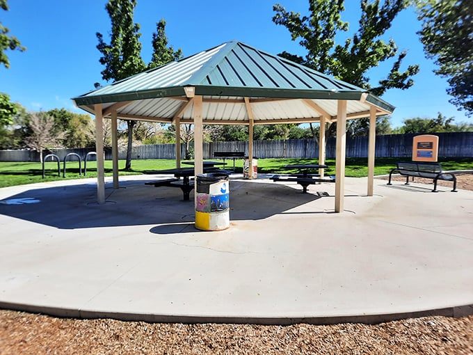 Covered pavilions offer shade for summer picnics, because 300 days of sunshine means you actually need these thoughtful touches.