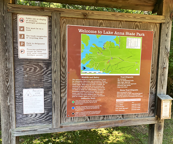 The information board—where ambitious hikers plan ten-mile adventures and the rest of us look for the "easy" trails.
