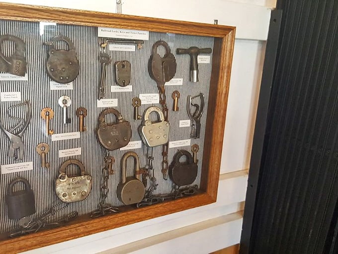 This collection of vintage locks and keys once secured the treasures of railroad history—no password reset required.