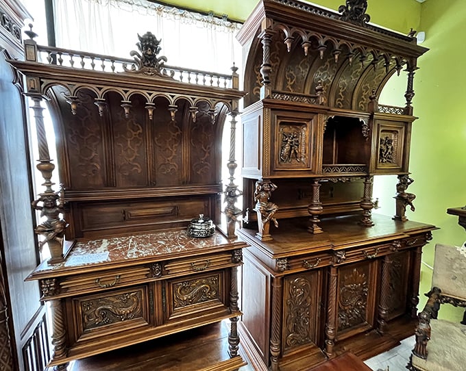 Ornate Renaissance-style sideboards showcasing the kind of craftsmanship that makes IKEA furniture weep with shame.