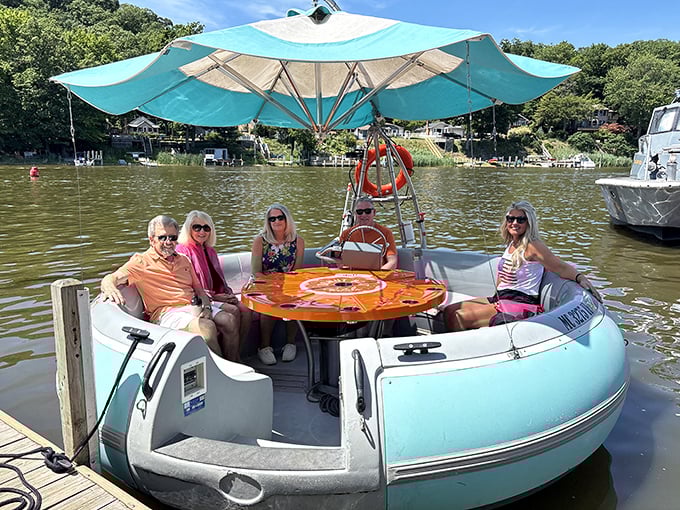 These donut boats prove that the most fun watercraft aren't sleek speedboats but floating conversation pits where everyone faces each other instead of the wind.